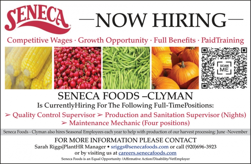 Now Hiring, Seneca Foods, Janesville, WI