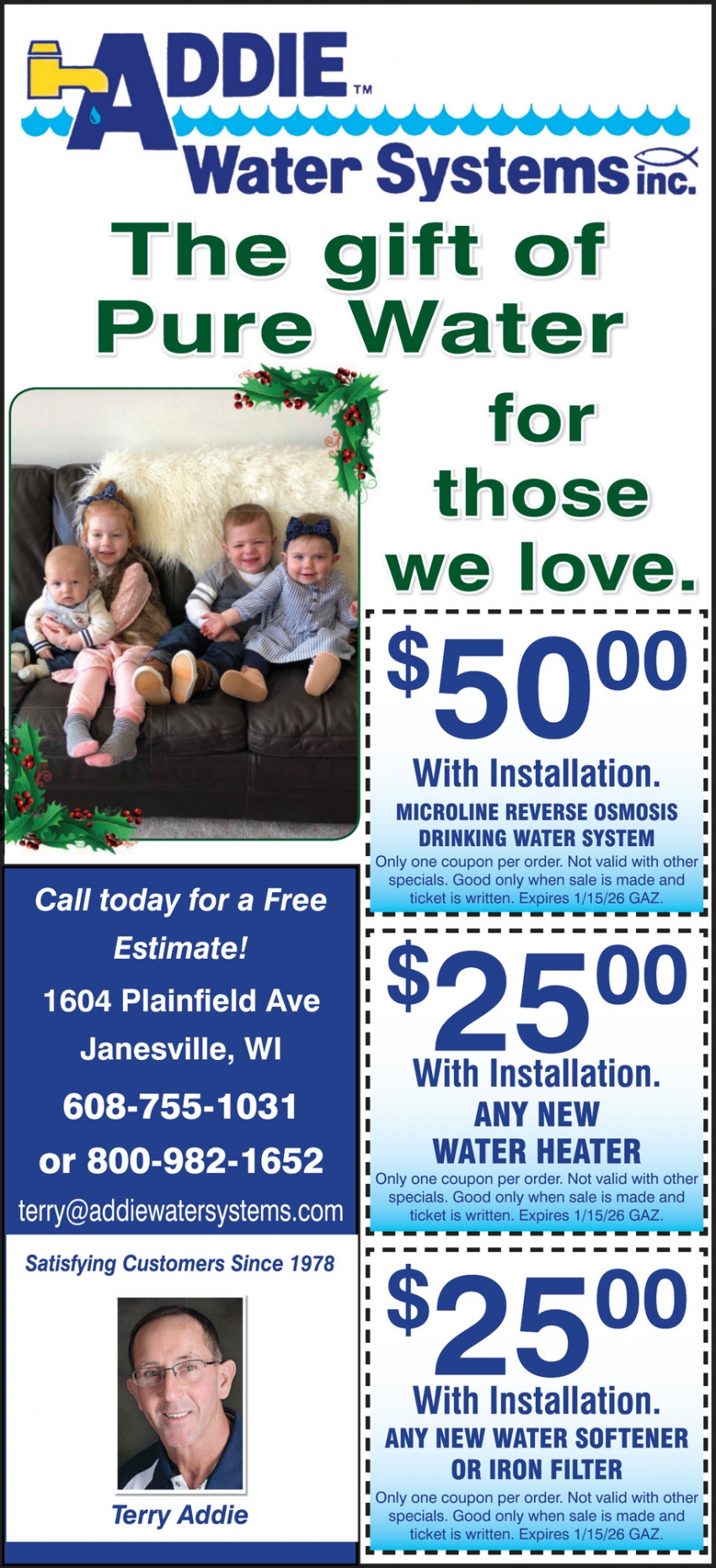 The Gift of Pure Water for Those We Love., Addie Water Systems Inc.